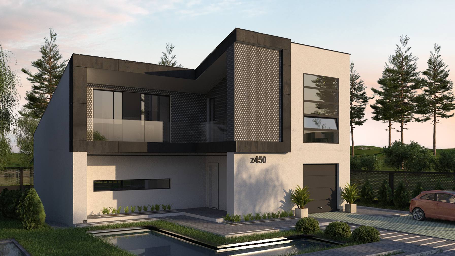Namo dizainas Z450 Modernus namas su mansarda, oranžerija, vienviečiu ...