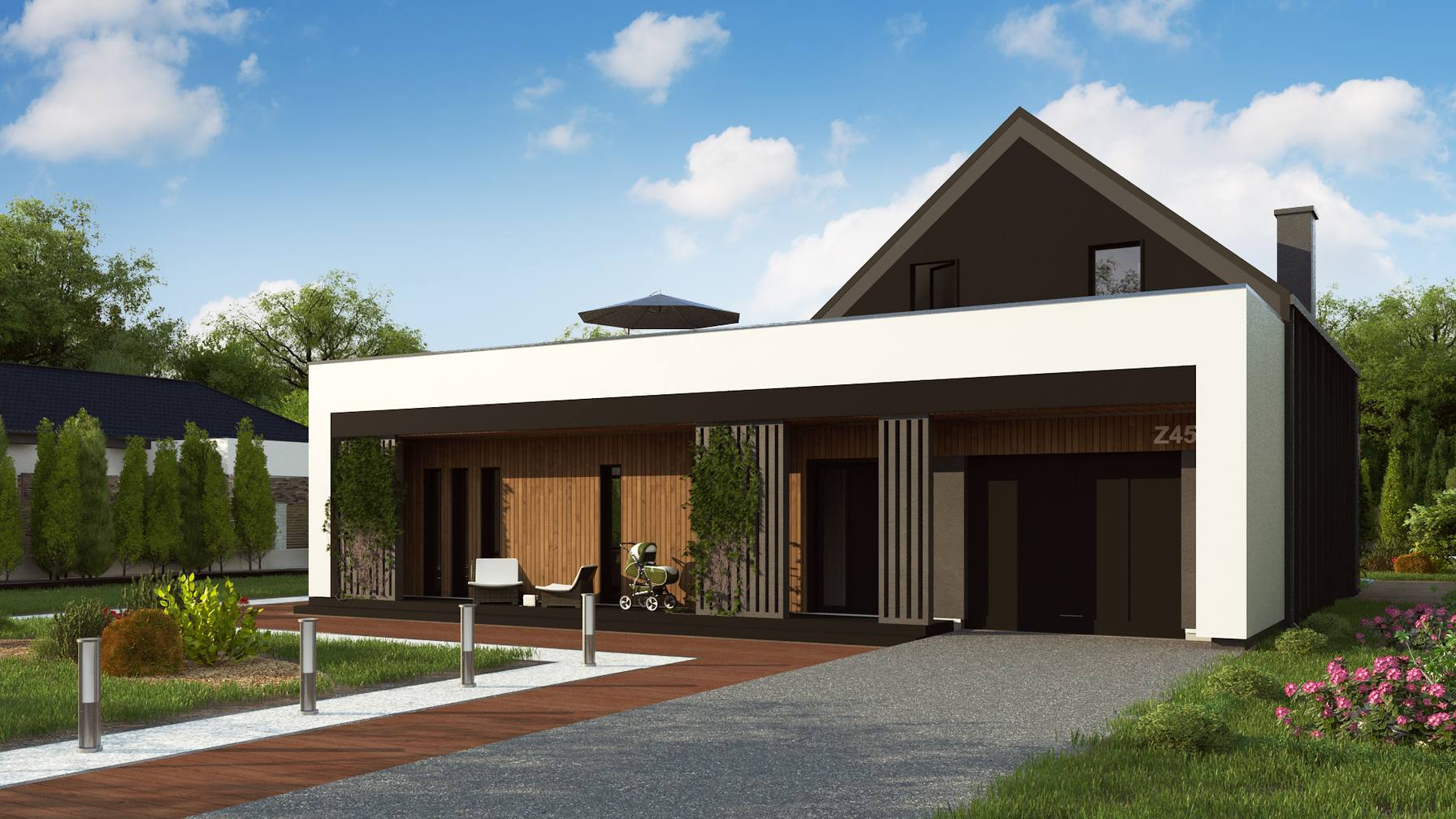 Namo dizainas Z453 Modernus namas su mansarda ir terasa, vienvietis garažas