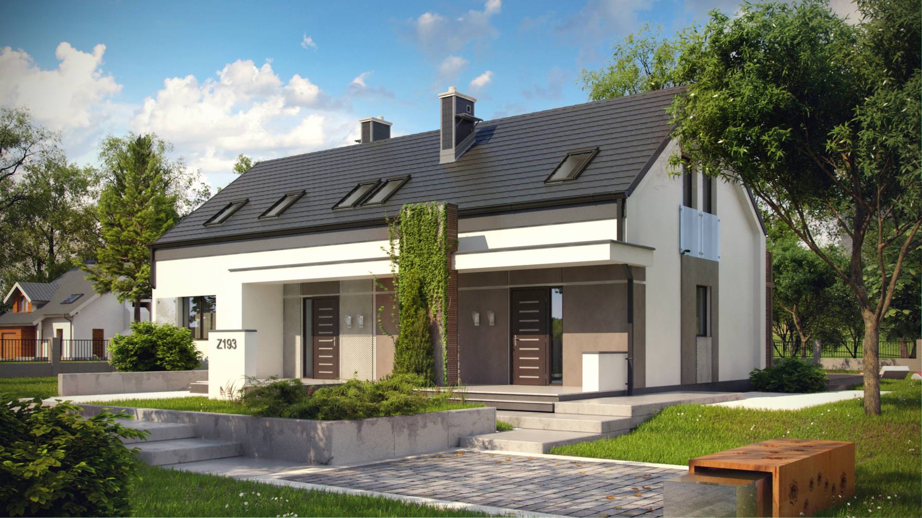 Namo dizainas Z193 Modernus namas su mansarda dviems šeimoms su atskiru ...
